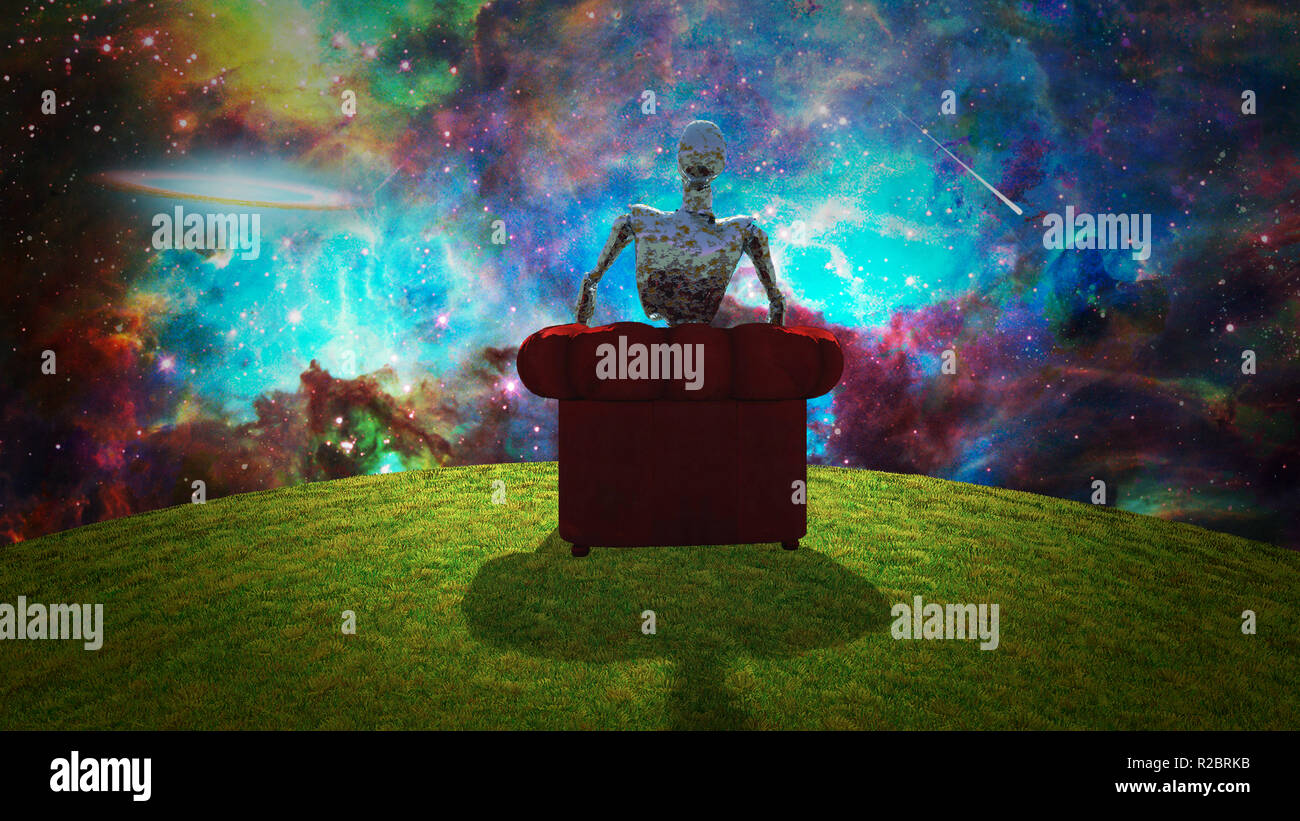 Surreal composition. Rusted alien sits in red armchair and observer ...