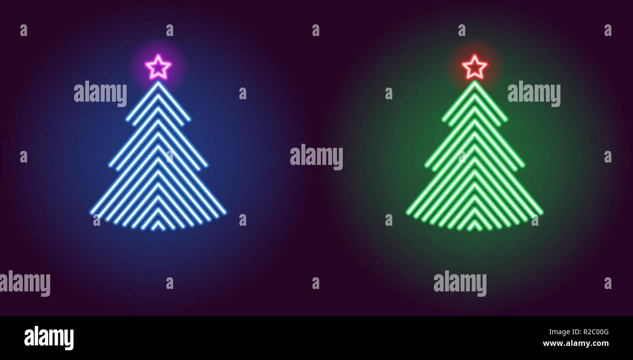 Neon Christmas tree, glowing sign. Vector illustration of Christmas ...