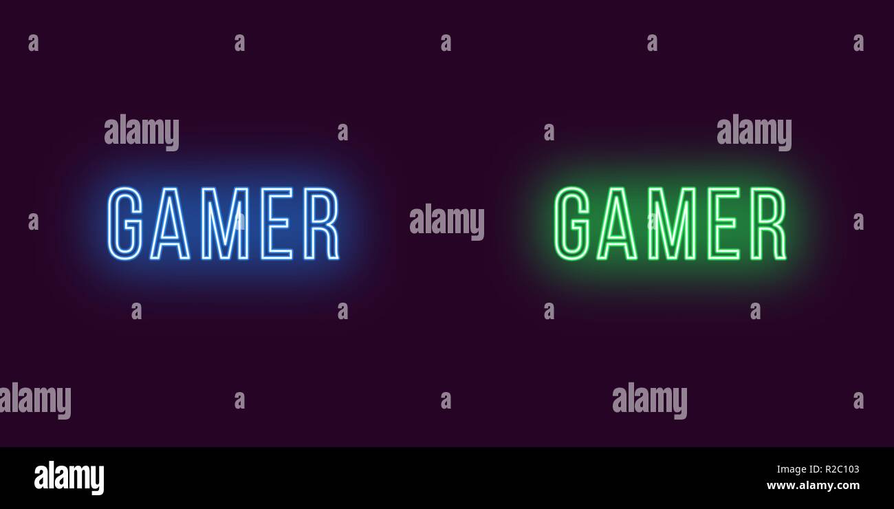 Inscription of Gamer in neon style. Vector illustration, glowing Text ...
