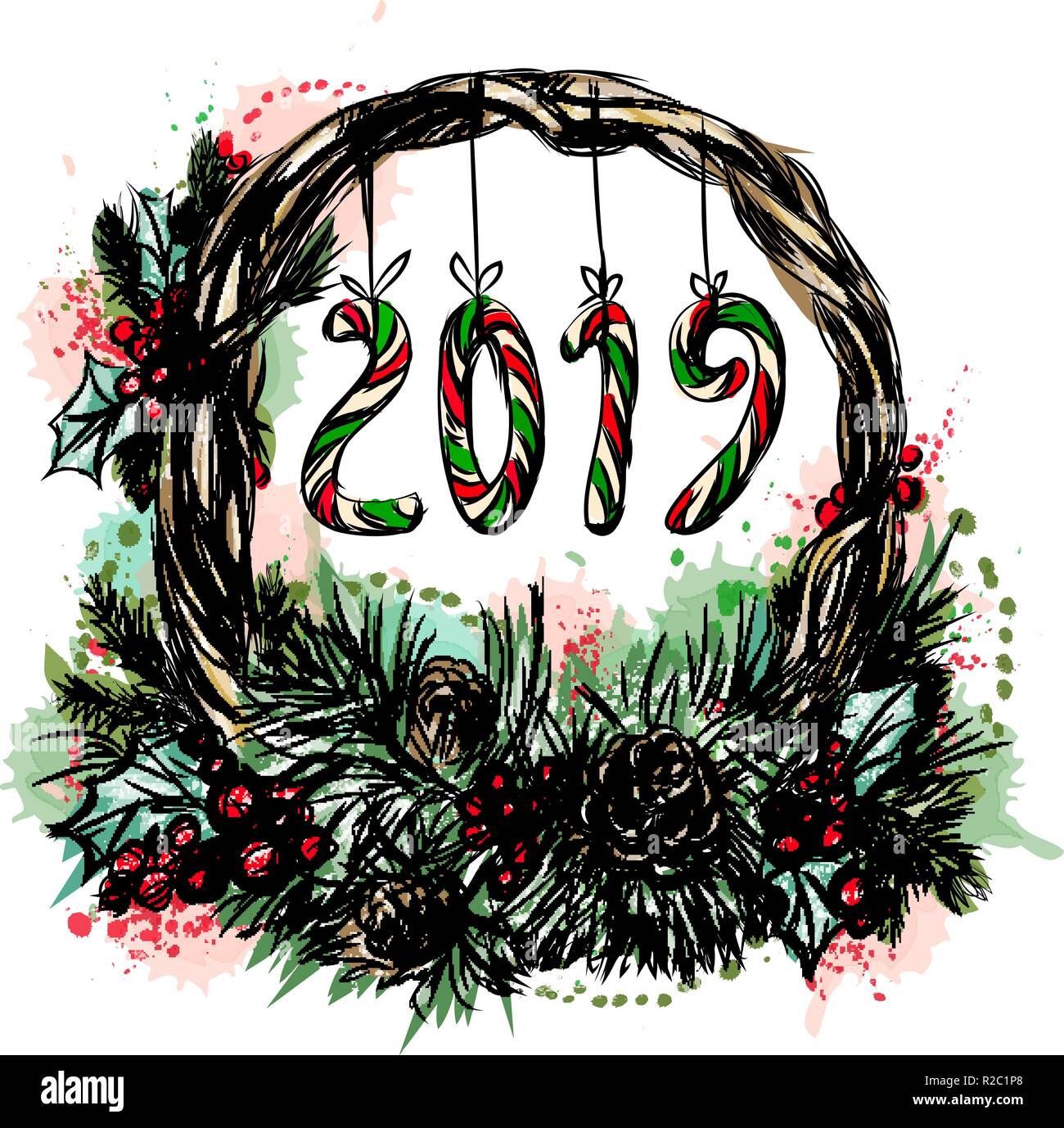 Christmas Wreath from a splash of watercolor, hand drawn sketch Stock ...