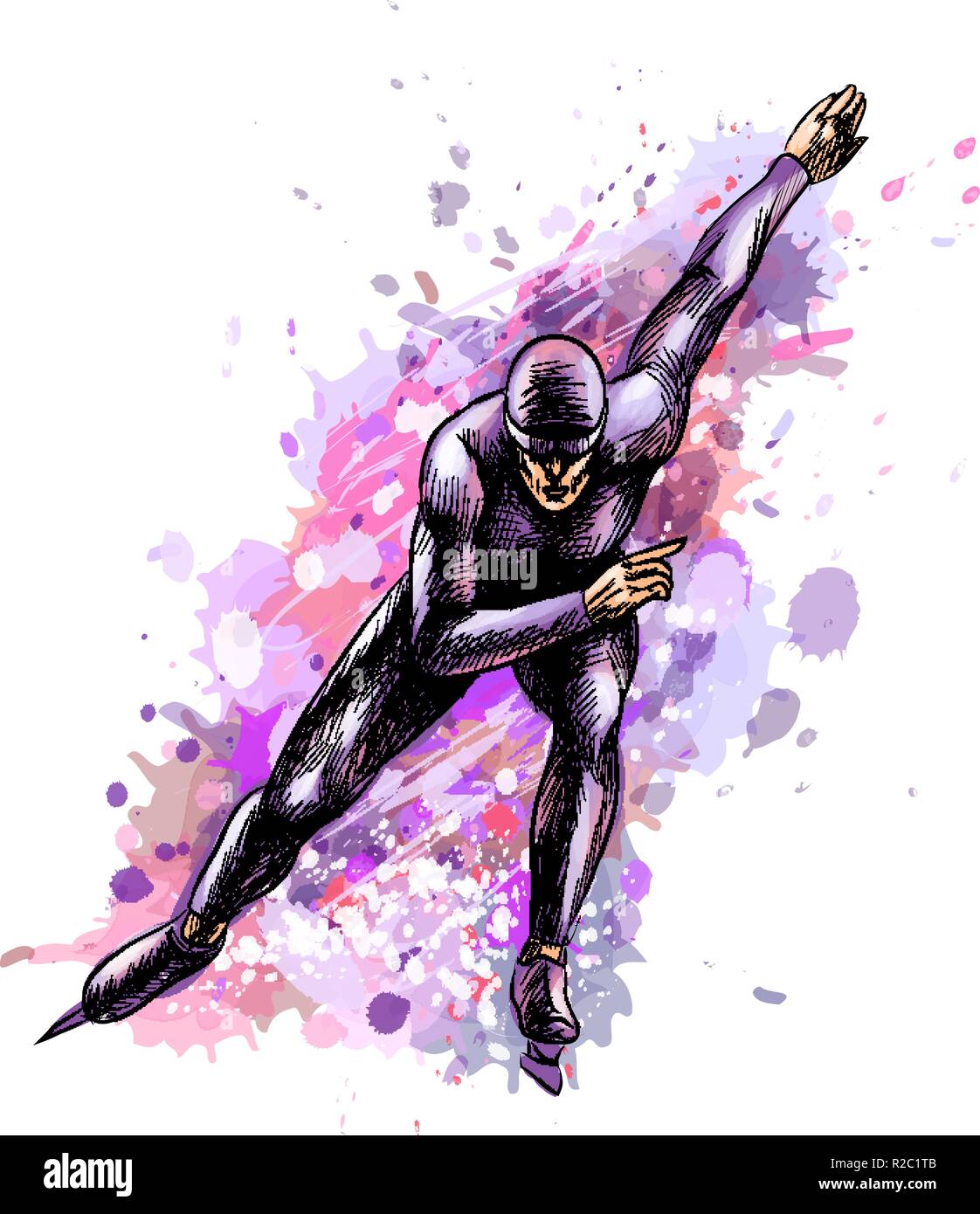 Abstract speed skaters from splash of watercolors. Winter sport Short ...