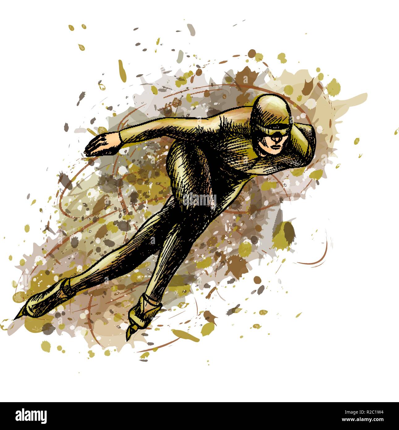 Abstract speed skaters from splash of watercolors. Winter sport Short ...