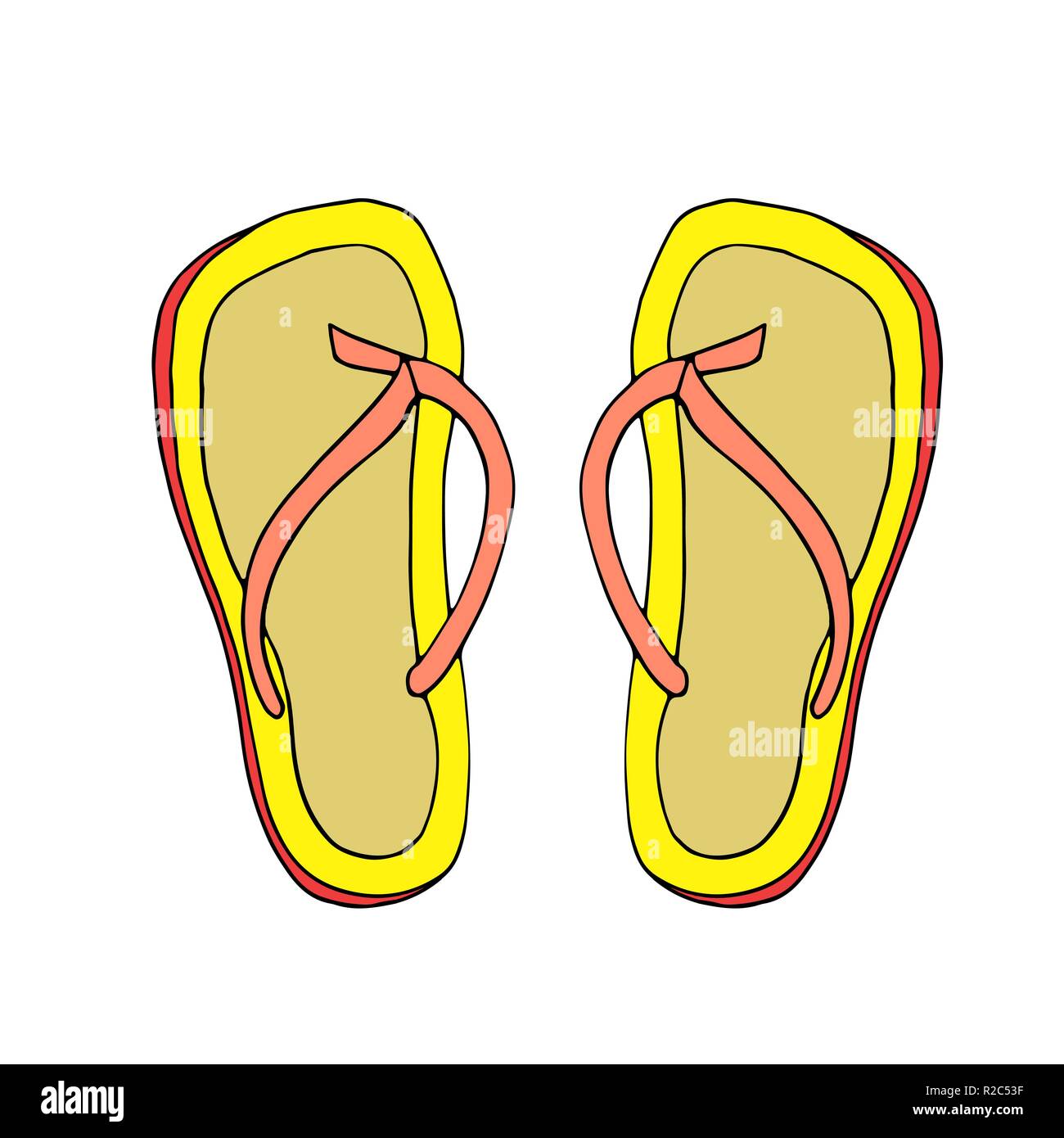Colorful flip flops, summer time vacation attribute, shoes, slippers, sketch style. isolated on ...