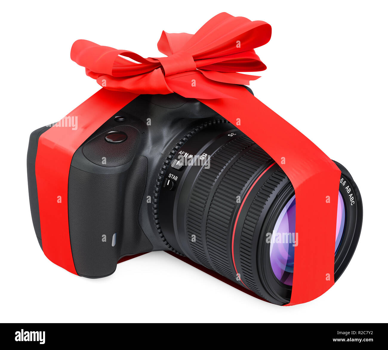 Digital camera with bow and ribbon, gift concept. 3D rendering isolated ...