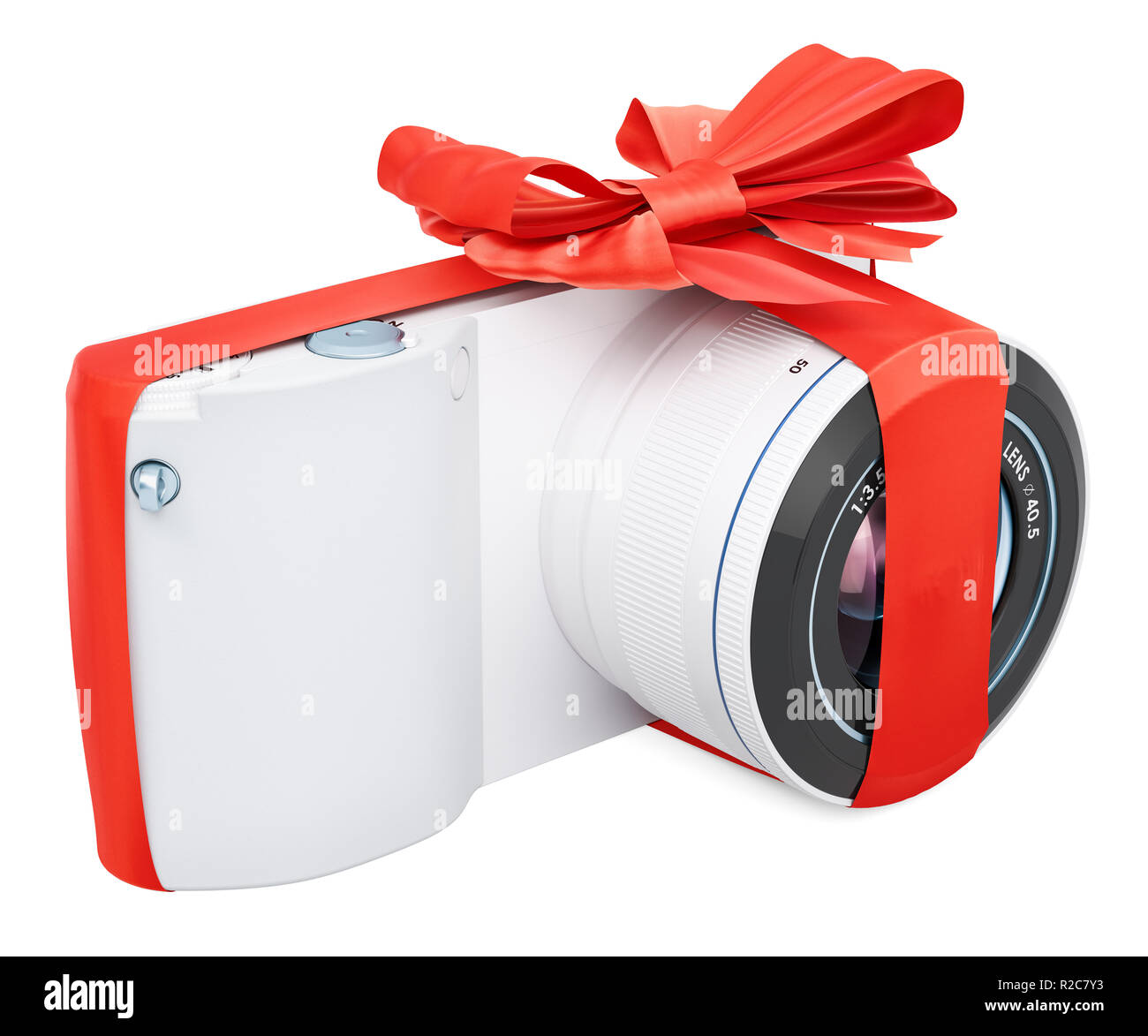 Digital camera with bow and ribbon, gift concept. 3D rendering isolated ...
