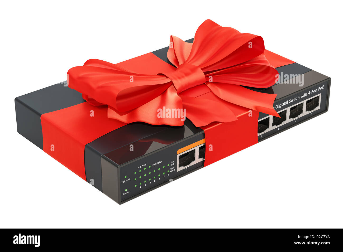 Network switch with ribbon and bow, gift concept. 3D rendering isolated ...