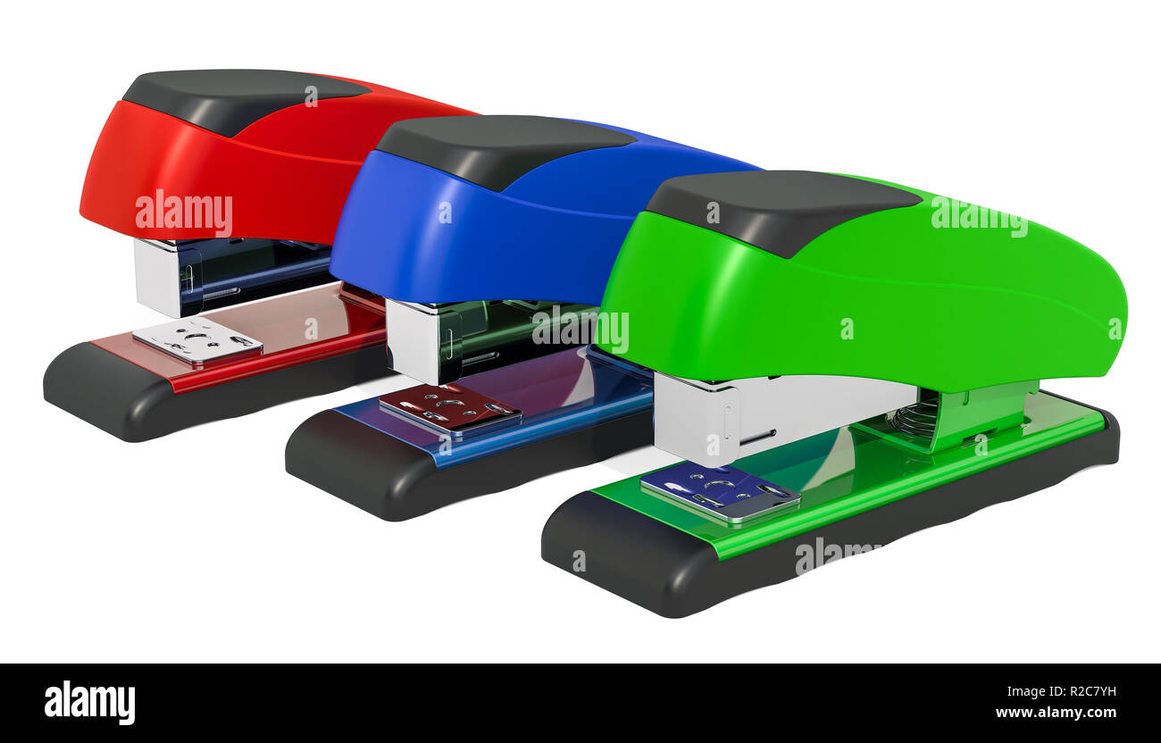 Set of colored staplers, 3D rendering isolated on white background ...