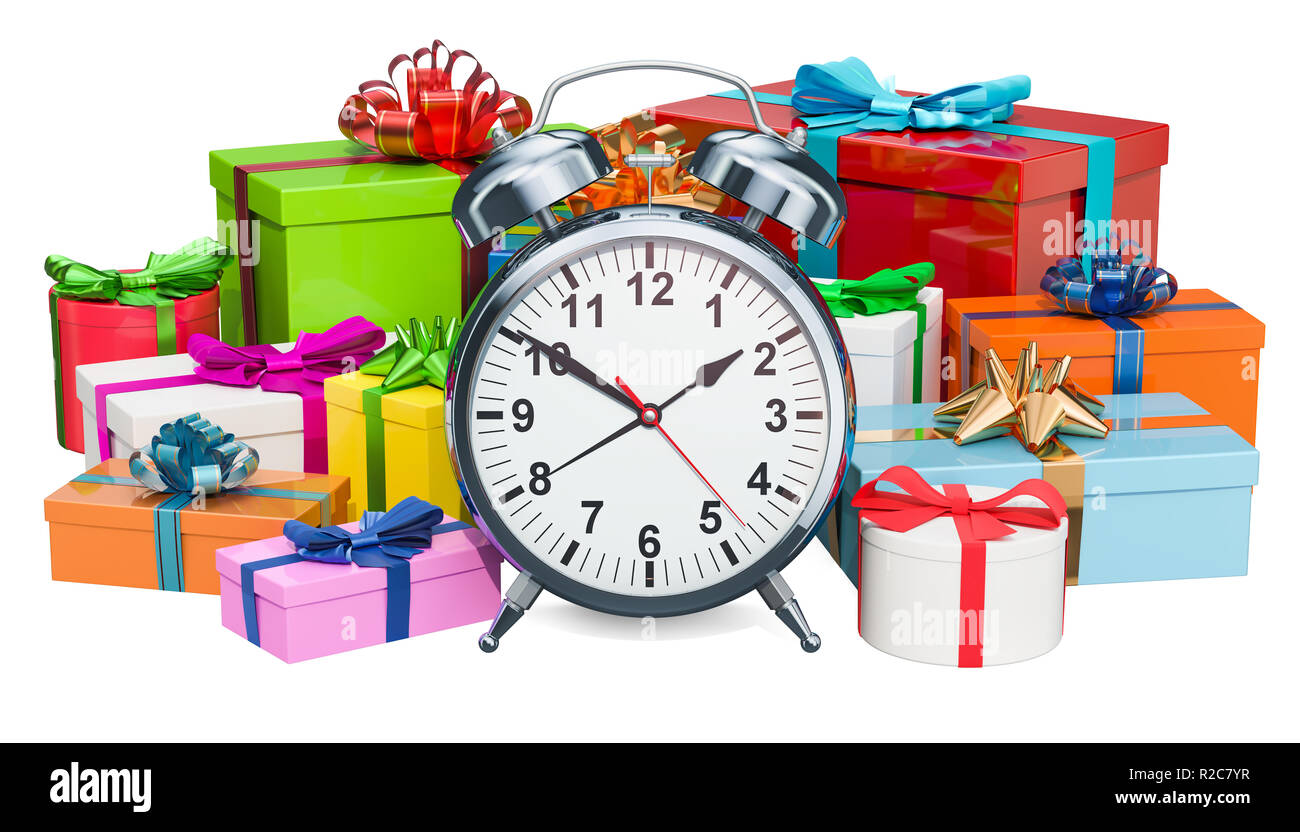 Alarm clock with gift boxes, gift concept. 3D rendering isolated on ...