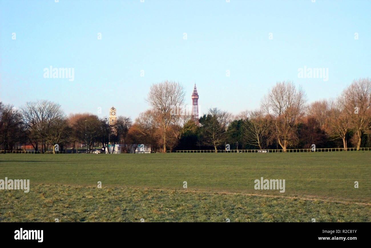 Blackpool Tower and Cocker Clock Tower in Stanley Park seen from across ...