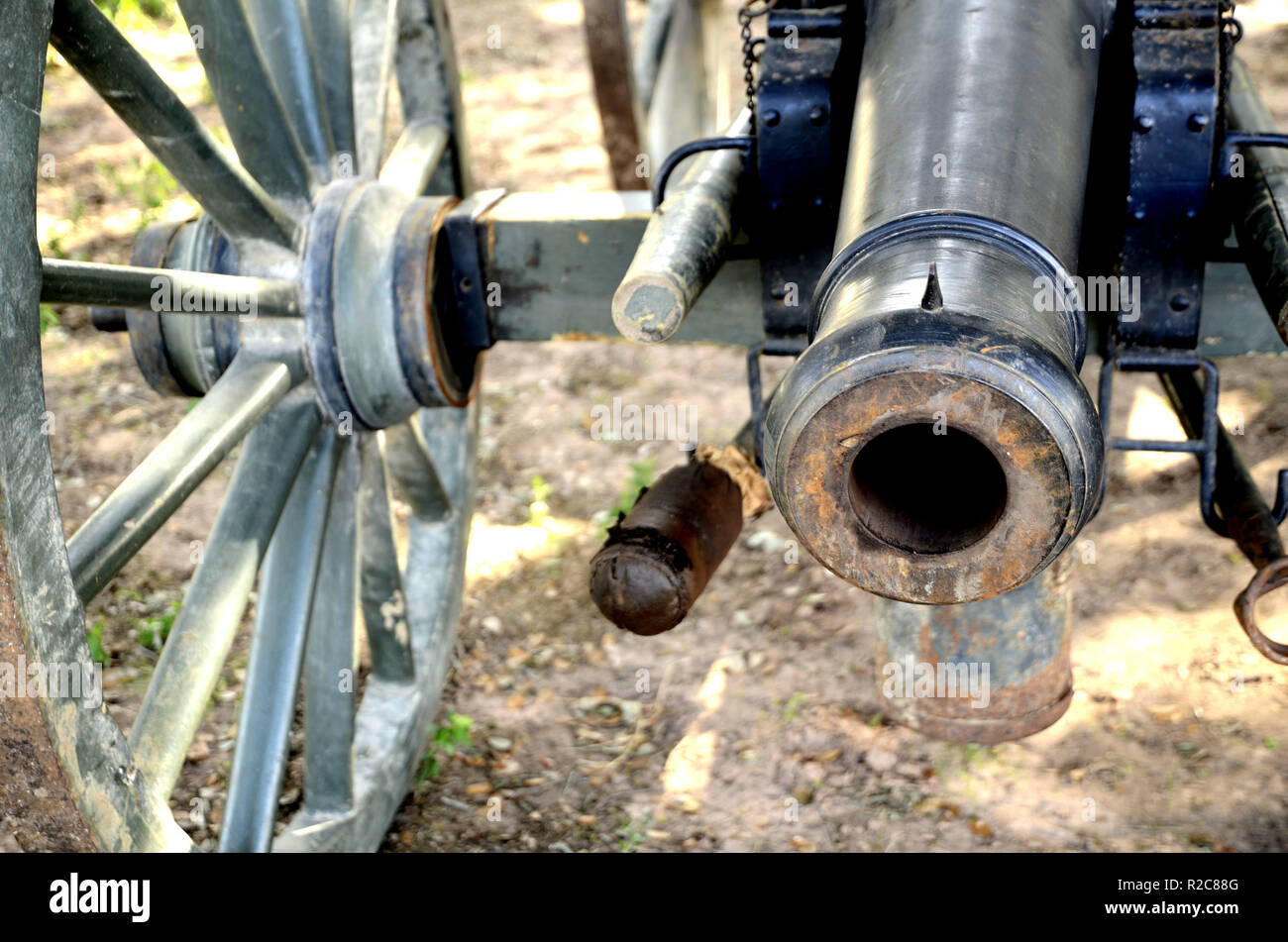 Detail of a Civil War era cannon; artillery used in a Civil War battle ...