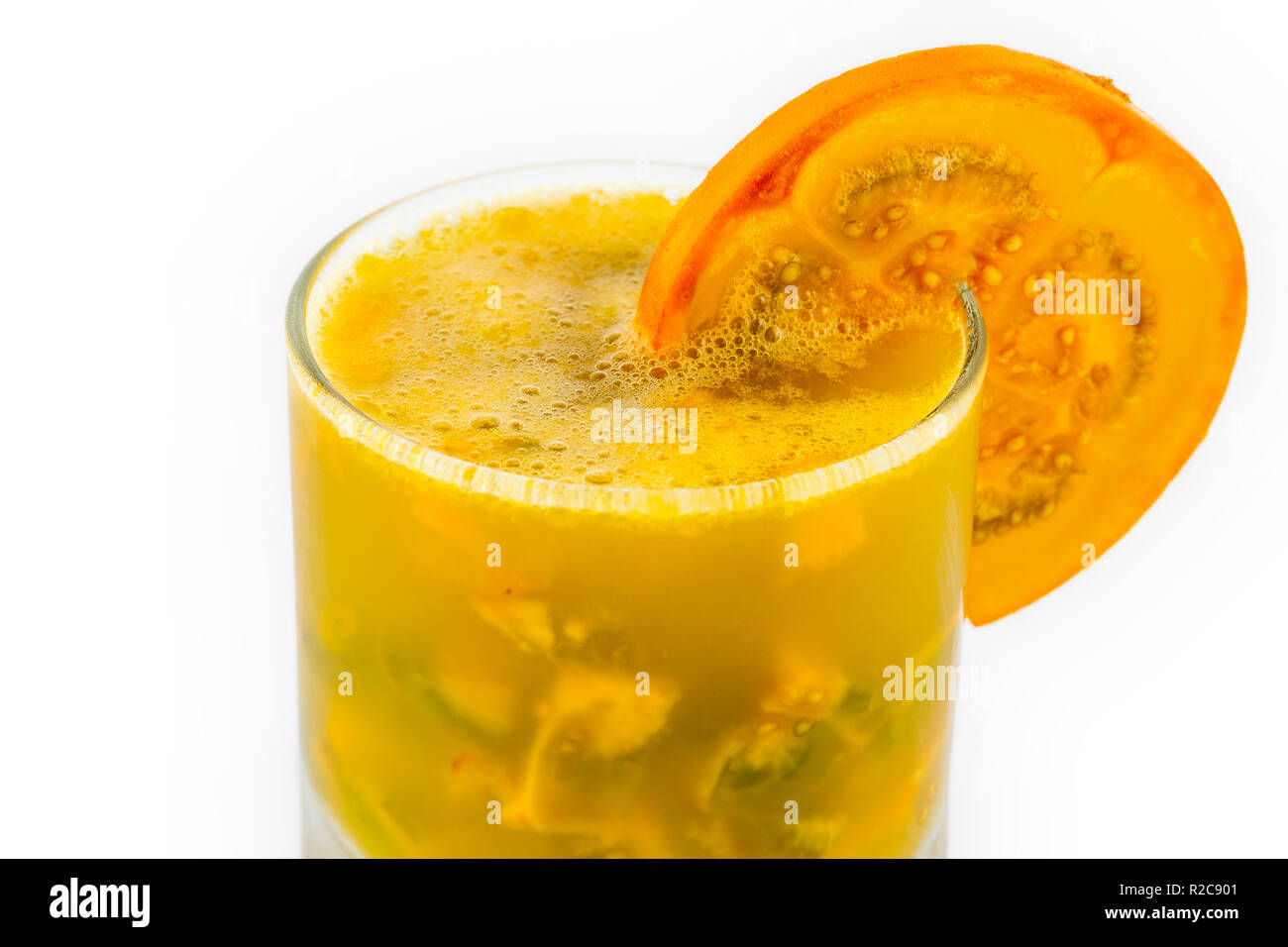 Traditional Colombian beverage made of juice and pieces of lulo ...