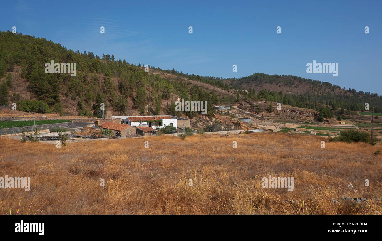 Tranquil countryside landscape with rustic houses, agricultural fields ...