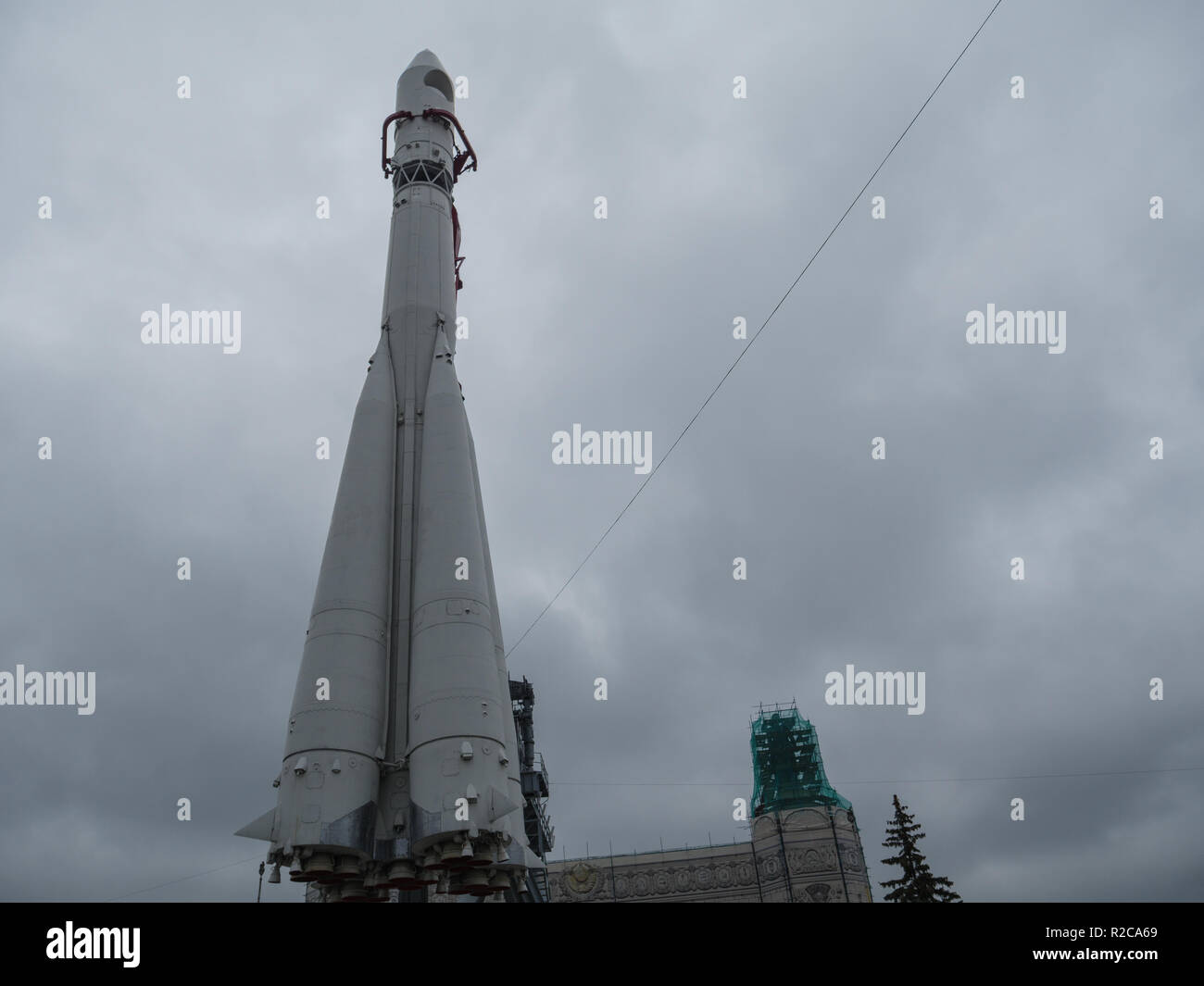 MOSCOW, RUSSIA - APRIL 28, 2017: Model rocket "Vostok" at Exhibition of ...