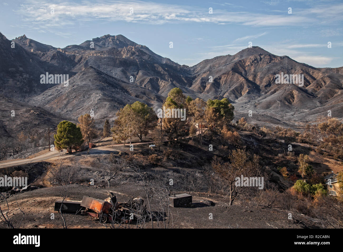 Wildfire damage along Mulholland Highway. The Woolsey wildfire started ...