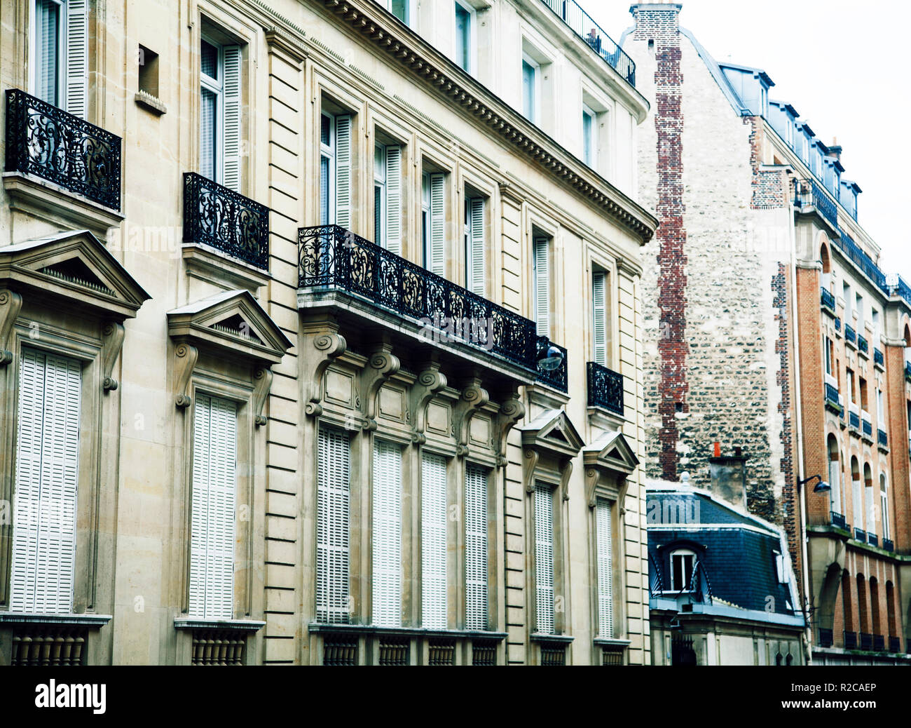 french paris street , parts of buildings with balcony Stock Photo - Alamy