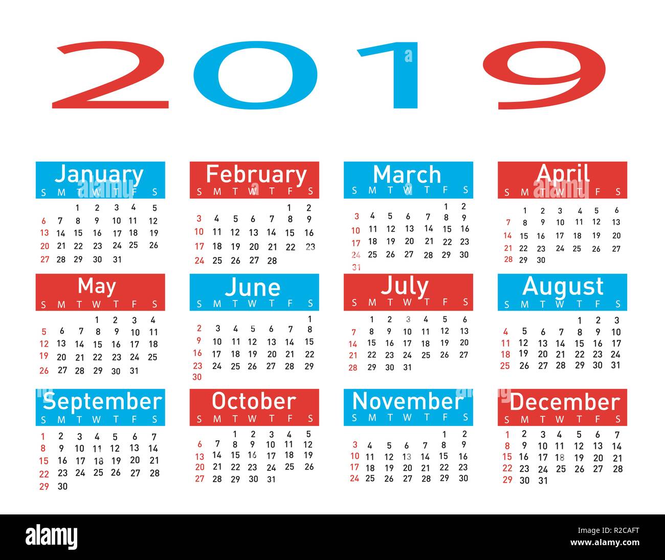 Calendar for 2019 vector illustration Stock Vector Image & Art - Alamy