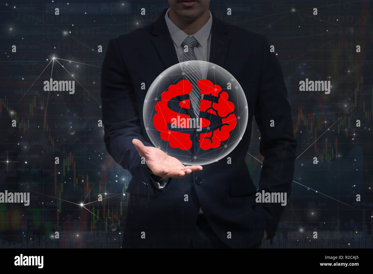 Businessman hand holding the dollar symbol with brain icon over the ...