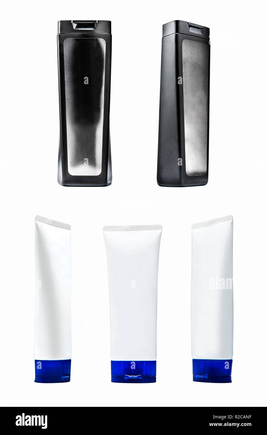 Set of shampoo bottle with colored bottles display isolated over white ...