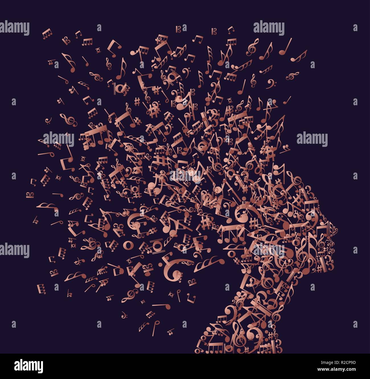 Music notes splash from woman's head illustration in luxury copper ...