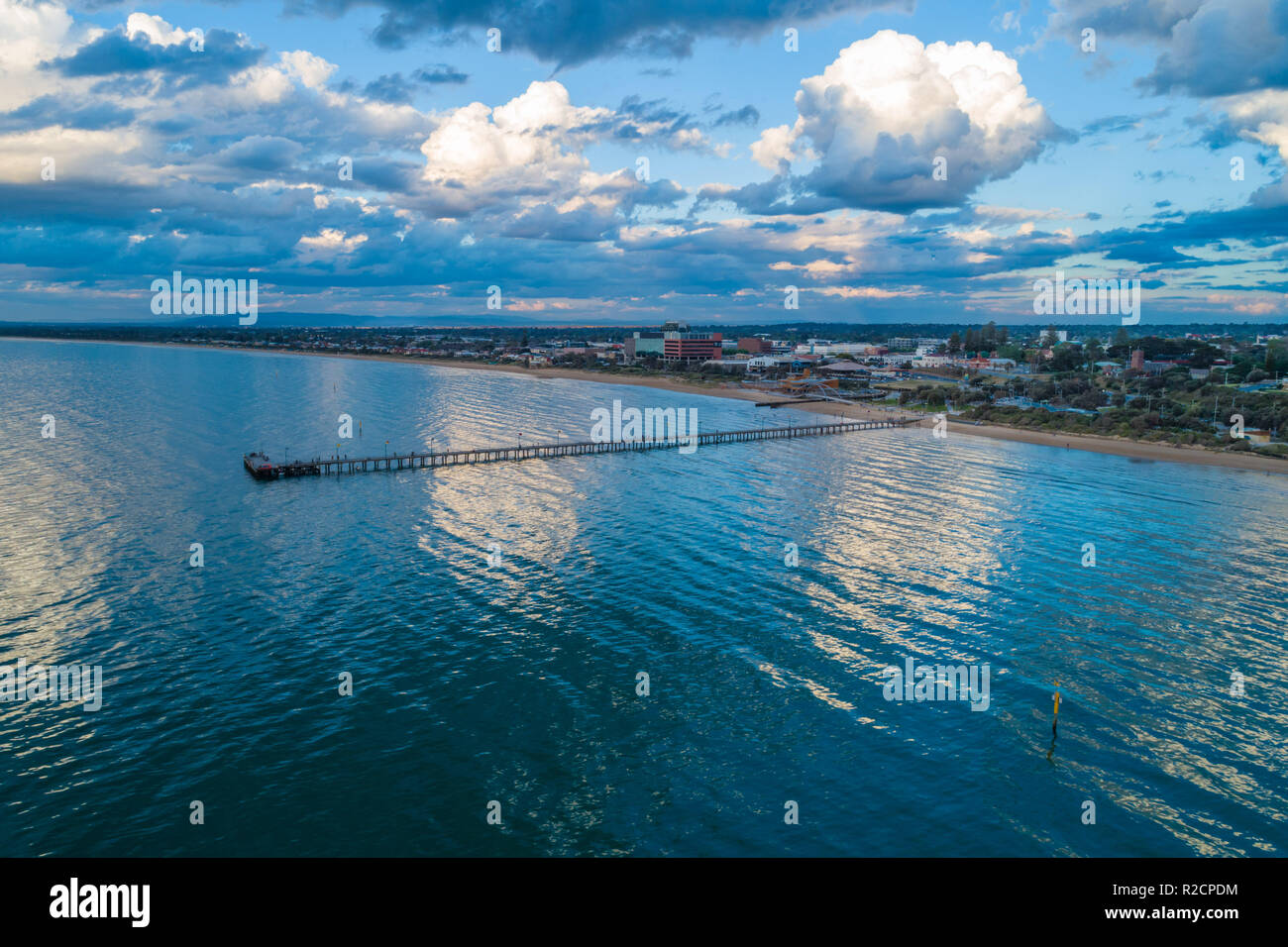 Aerial view of Frankston Pier and waterfront at sunset. Melbourne ...