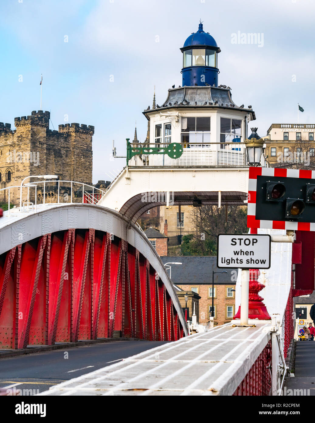 Old swing bridge with castle and St Nicholas cathedral spire, River ...