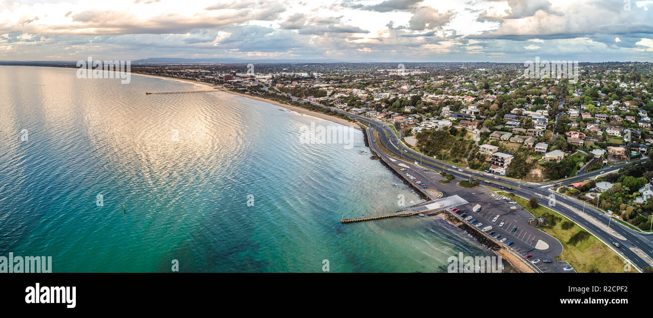 Wide aerial panorama of Frankston foreshore in Melbourne, Australia ...