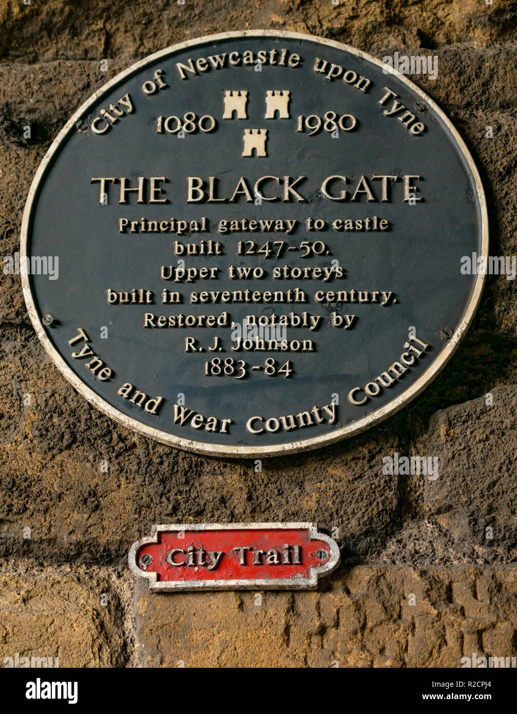 City trail round wall plaque at The Black Gate, Newcastle Castle ...