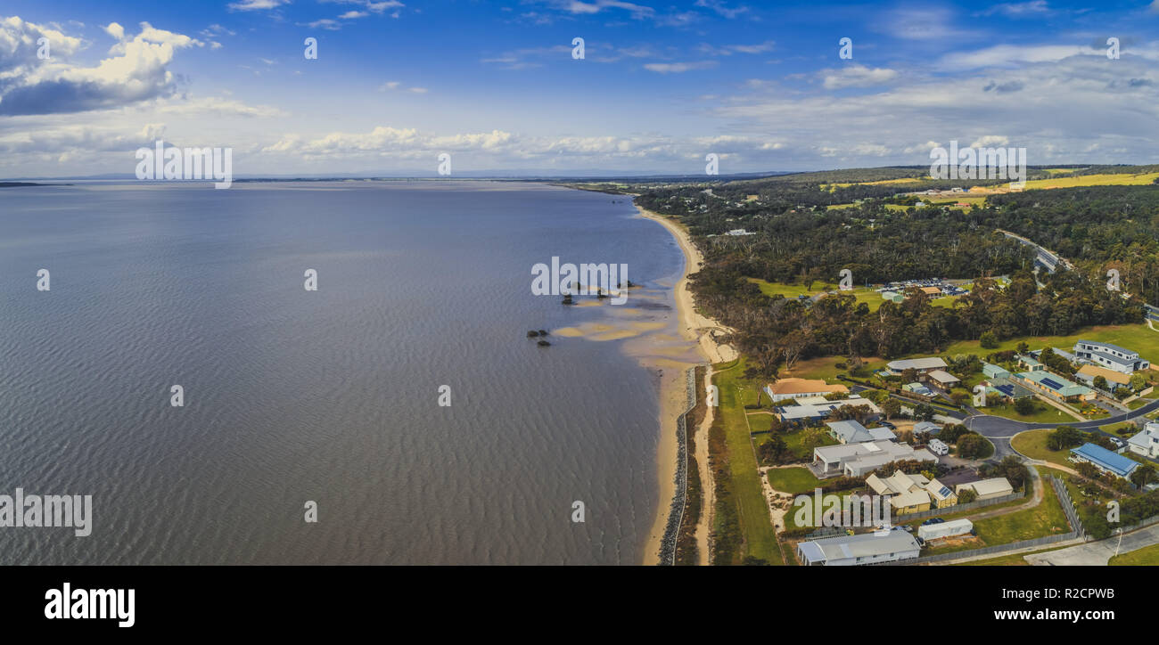 Aerial panorama of ocean coastline near Grantville, Victoria, Australia ...