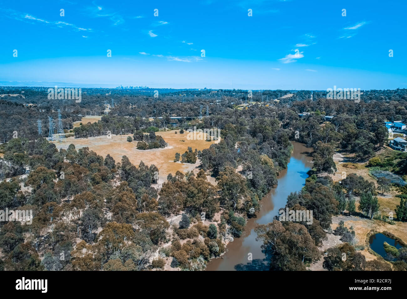 Aerial view of Yarra River flowing through Eltham suburb in Melbourne ...