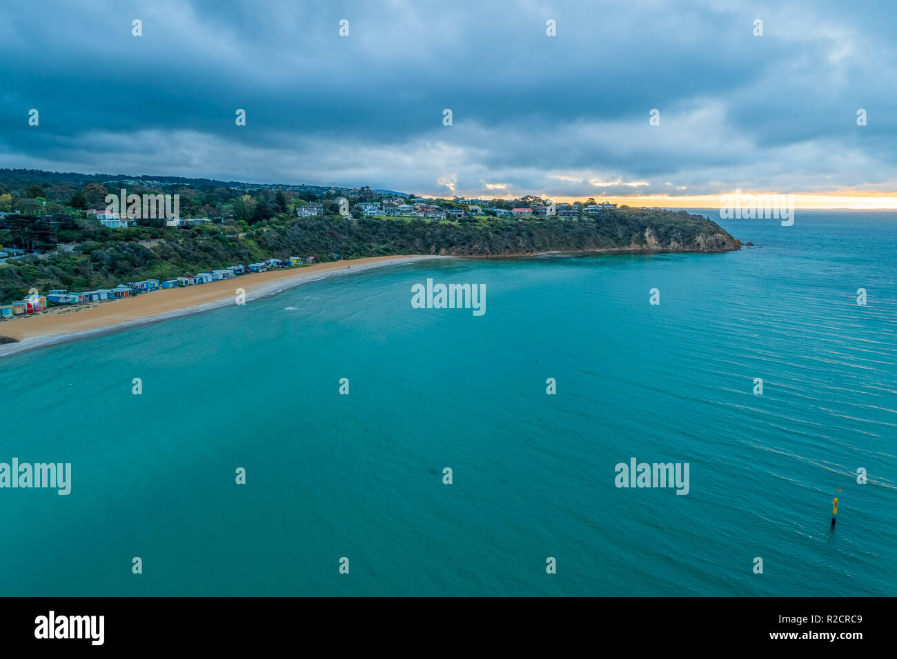 Aerial view of Mount Martha beach with bathing boxes at sunset Stock ...