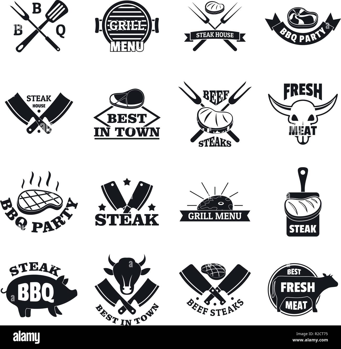 Steak logo grilled beef icons set. Simple illustration of 16 steak logo ...