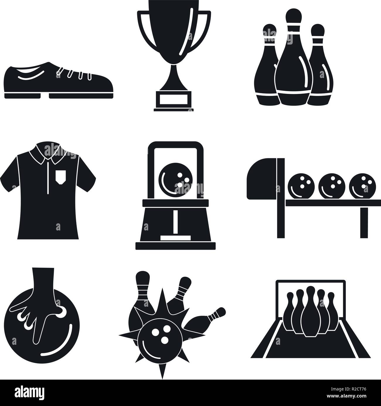 Bowling kegling game icons set. Simple illustration of 9 bowling ...