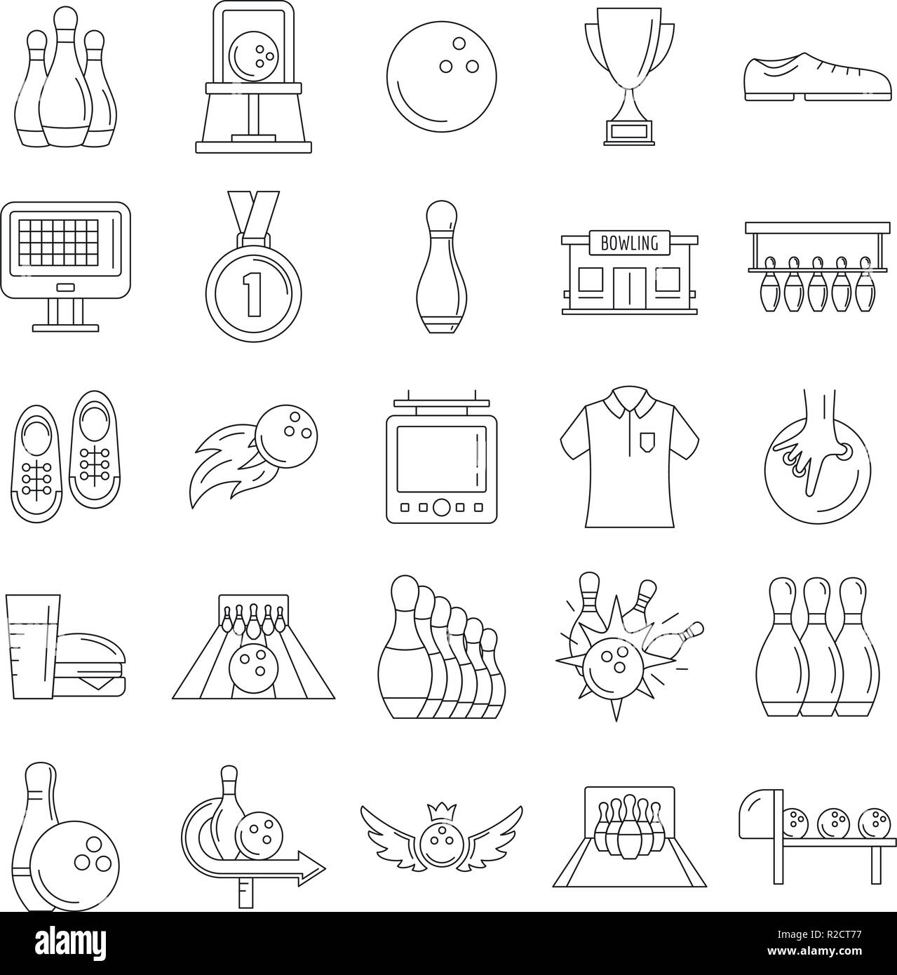Bowling kegling game icons set. Outline illustration of 25 bowling ...