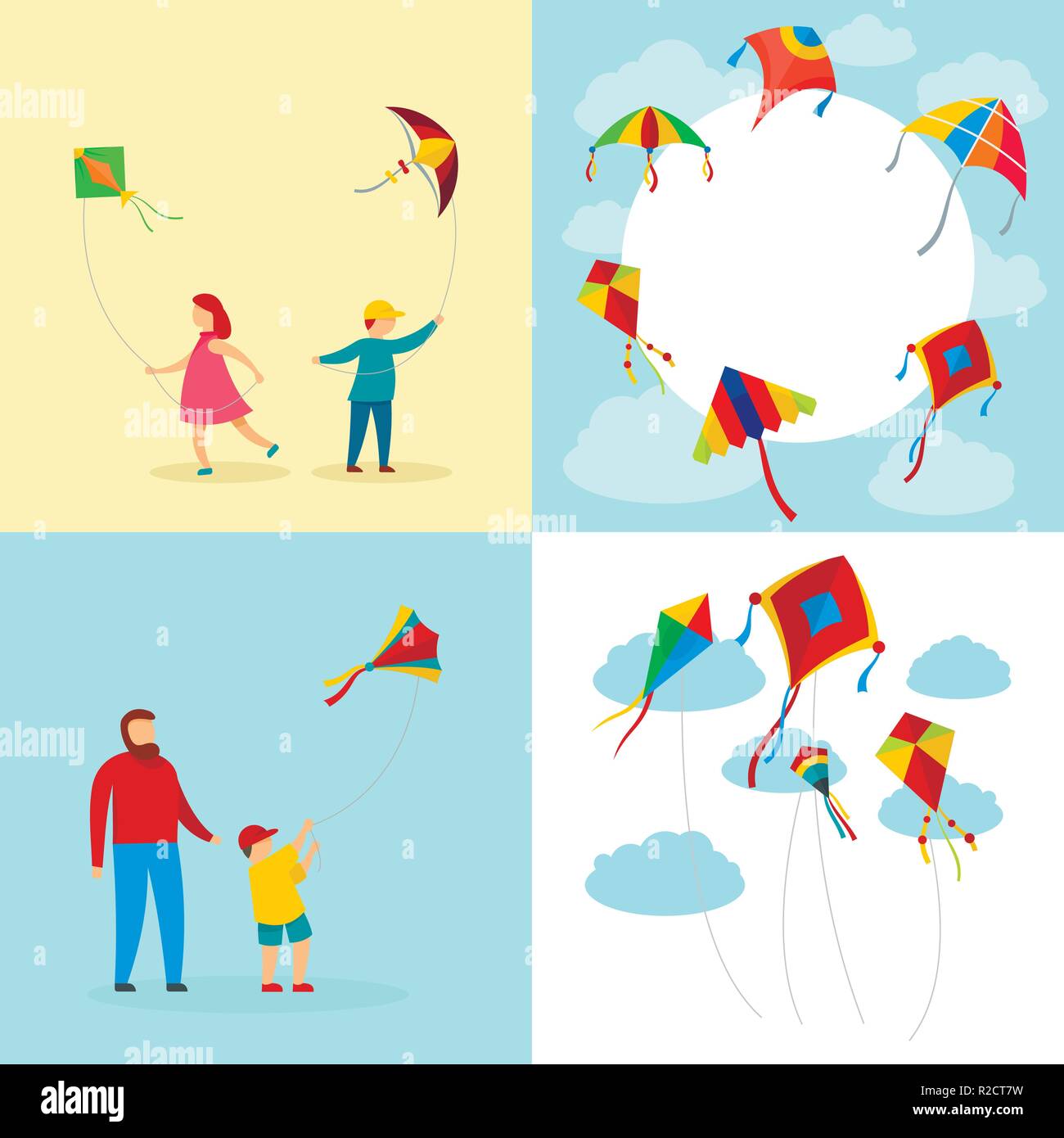 Kite flying festival surf banner concept set. Flat illustration of 4 ...