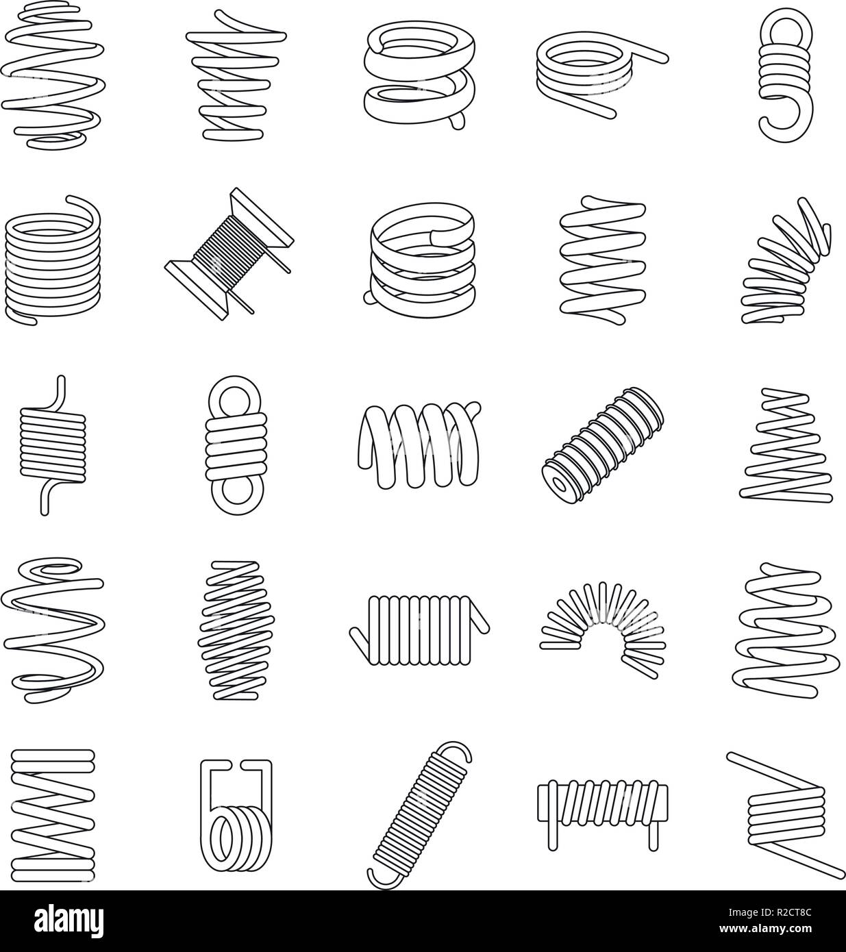 Coil spring cable icons set. Outline illustration of 25 coil spring ...