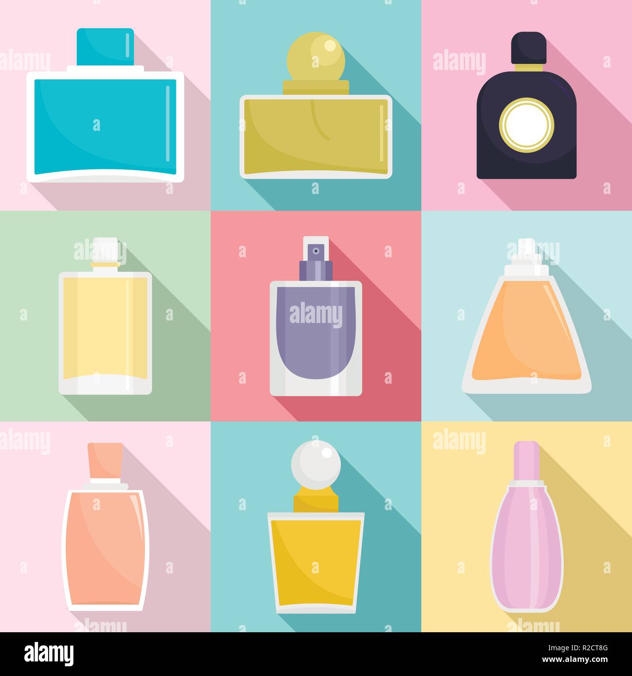 Fragrance bottles aroma flavor perfume icons set. Flat illustration of ...