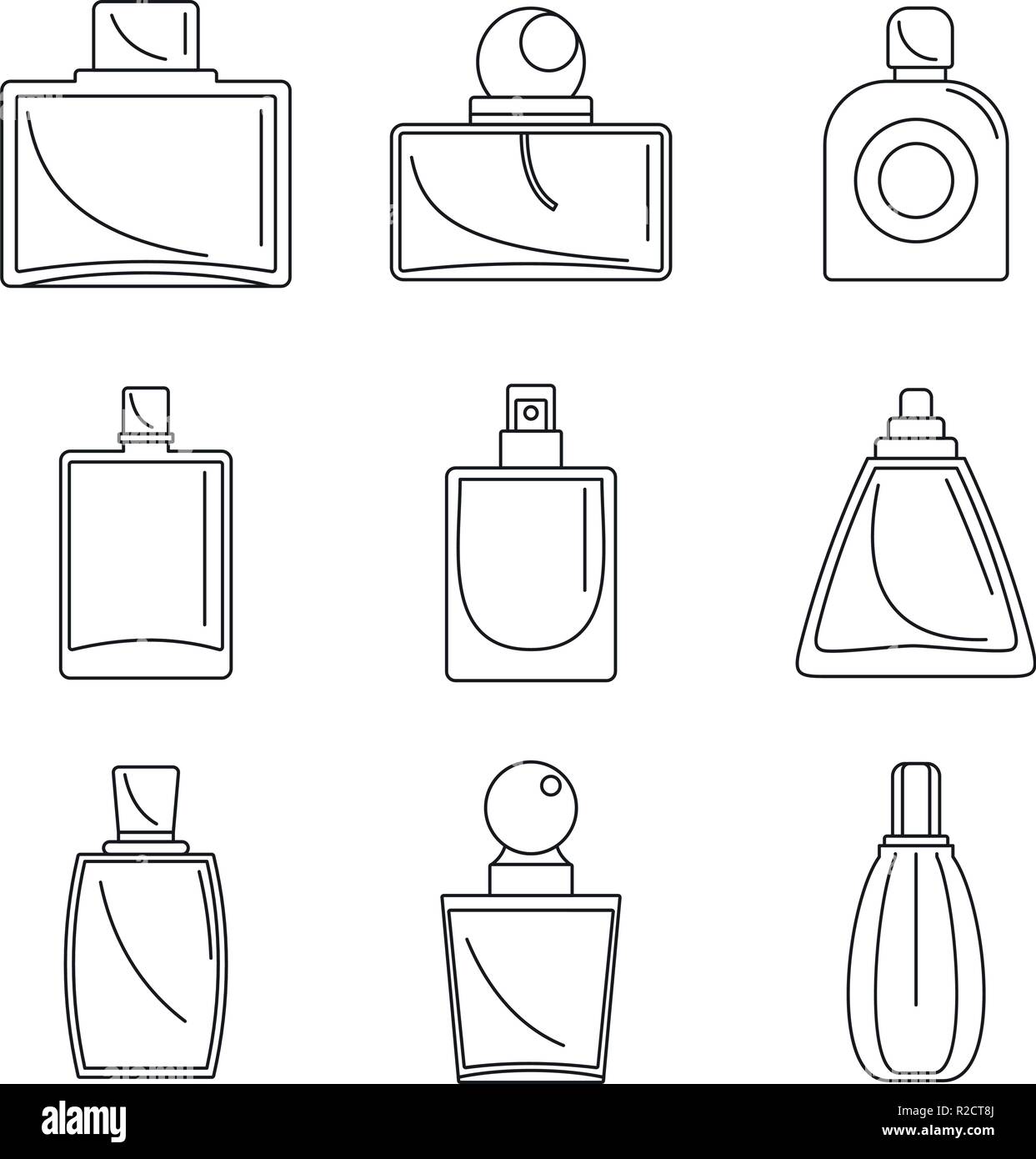 Fragrance bottles aroma flavor perfume icons set. Outline illustration ...