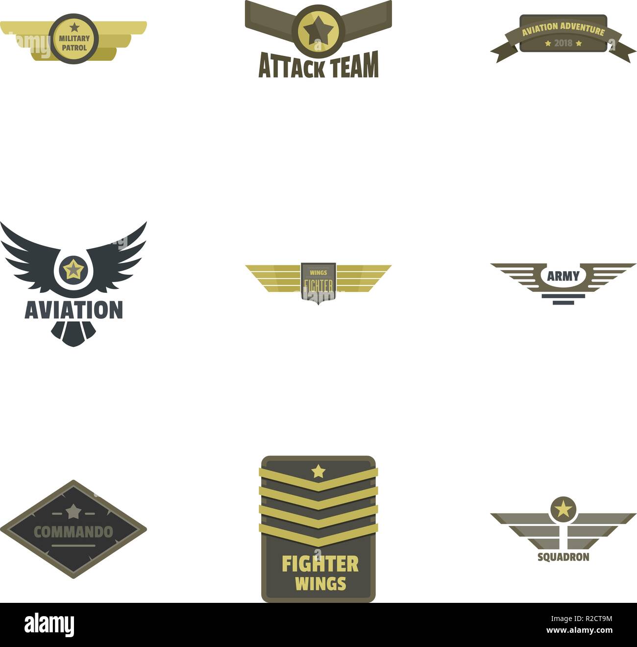 Military badge icons set. Flat set of 9 military badge vector icons for ...
