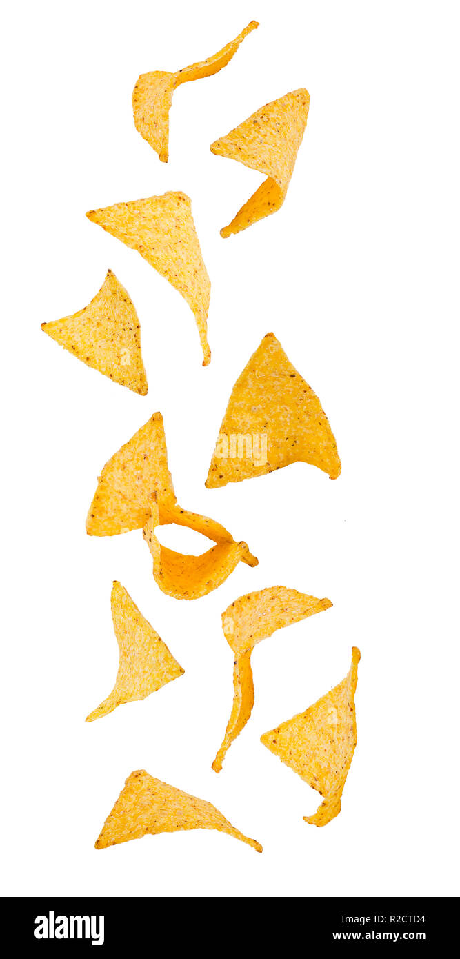 Fall potato chips isolated on white background. Flying French fries ...