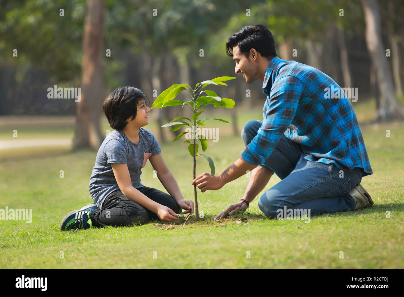 Happy father and son planting a small plant in garden Stock Photo - Alamy