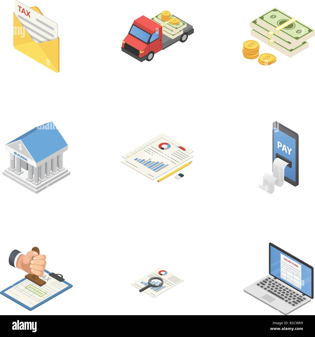 Cash delivery icons set. Isometric set of 9 cash delivery vector icons ...