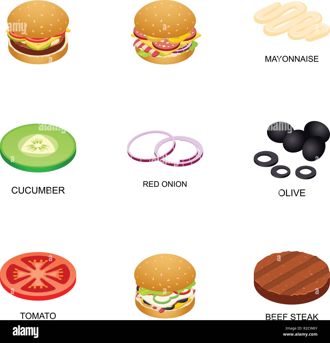 Burger ingredient icons set. Cartoon set of 9 burger ingredient vector ...