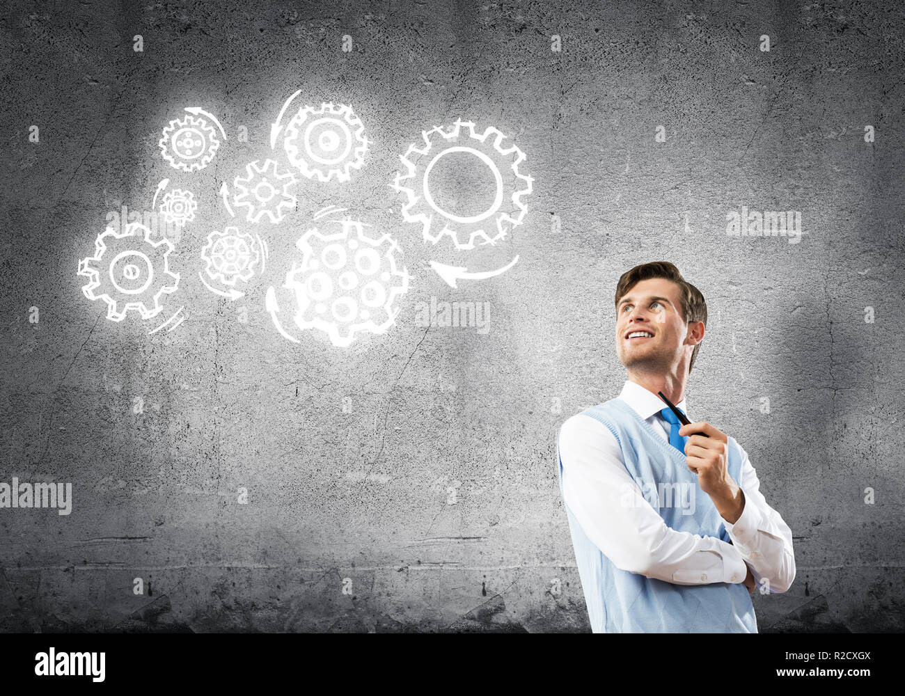 Elegant banker wearing red tie and gears as teamwork concept Stock ...