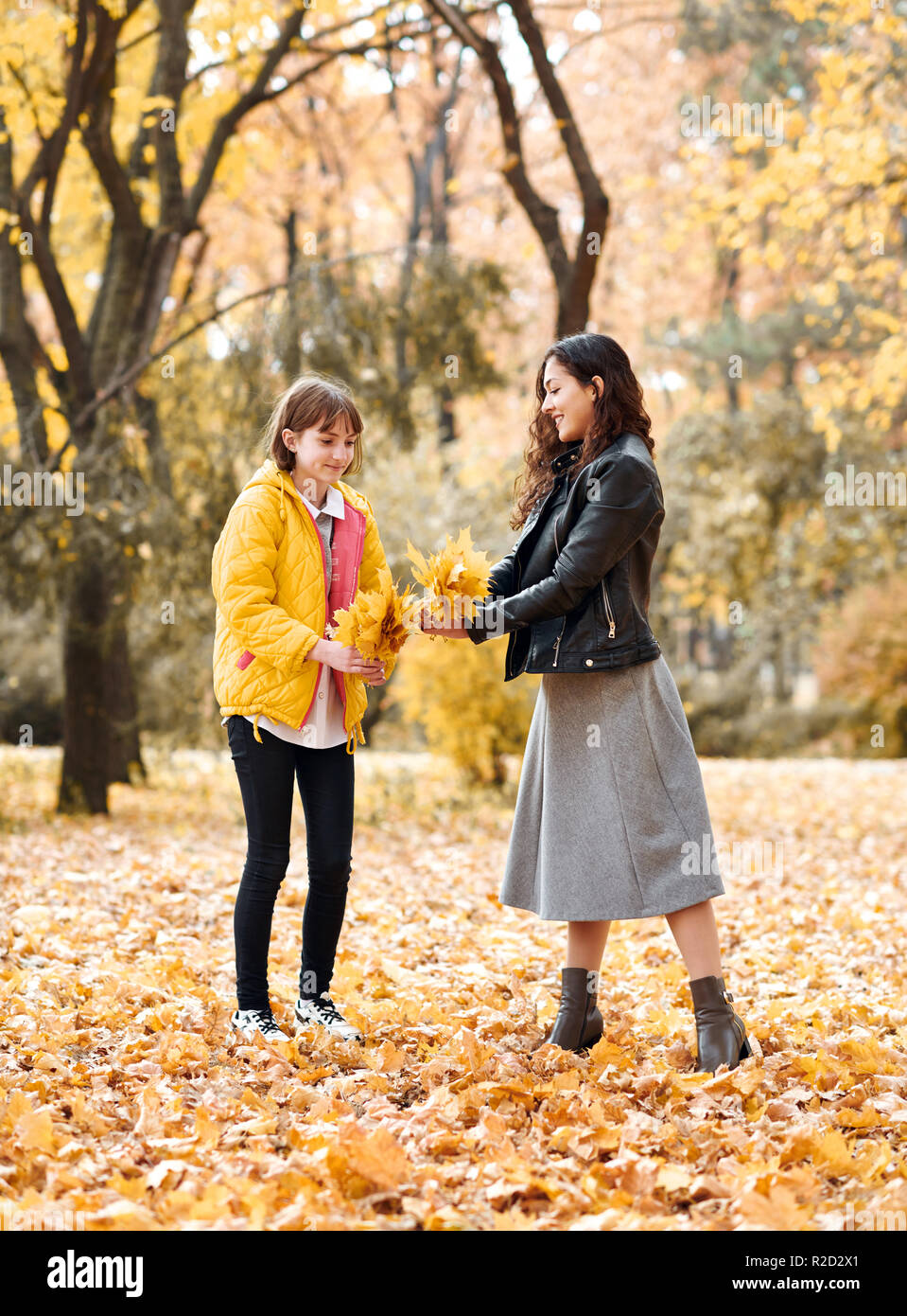 Two girls are in autumn city park. They pick leaves Stock Photo - Alamy