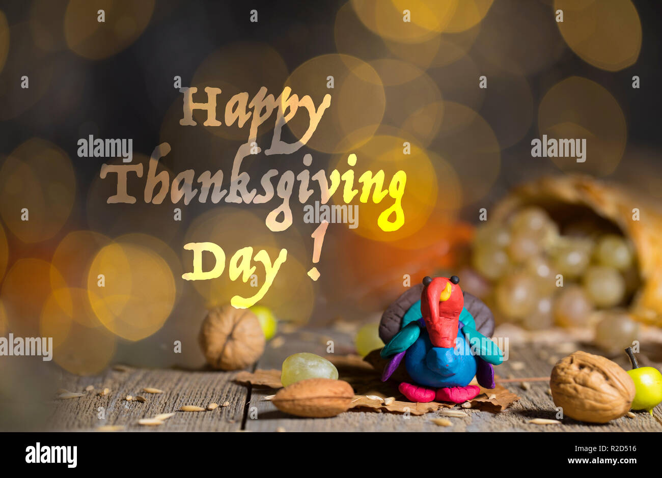 Handmade turkey on Thanksgiving background with blurred night lights ...