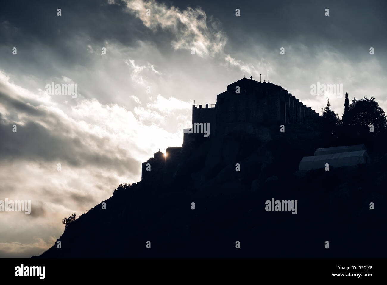 Silhouette of Stavrovouni Monastery onthe hill. Larnaca District ...