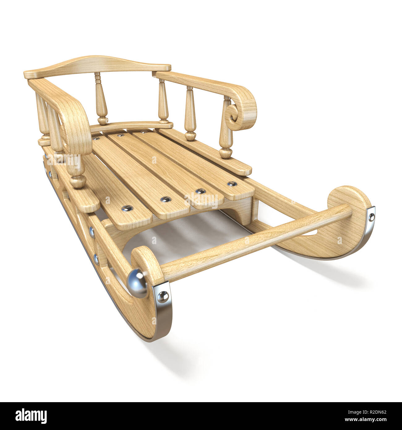 Wooden decorated sledge Front view 3D render illustration isolated on ...