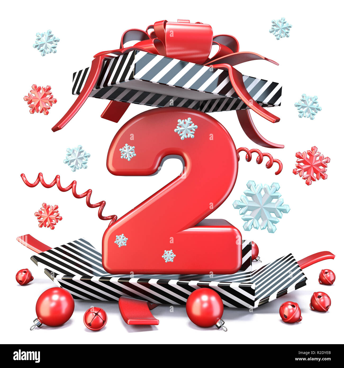 Red number TWO 2 inside open gift box 3D rendering illustration ...