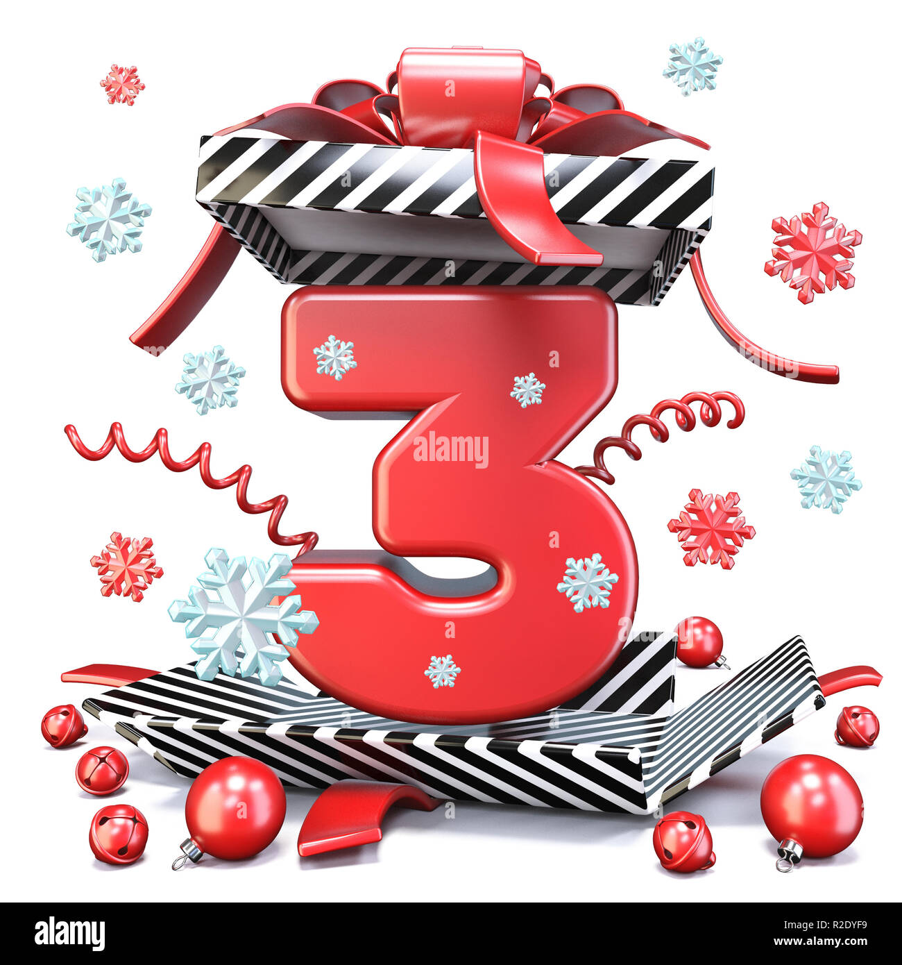 Red number THREE 3 inside open gift box 3D rendering illustration ...