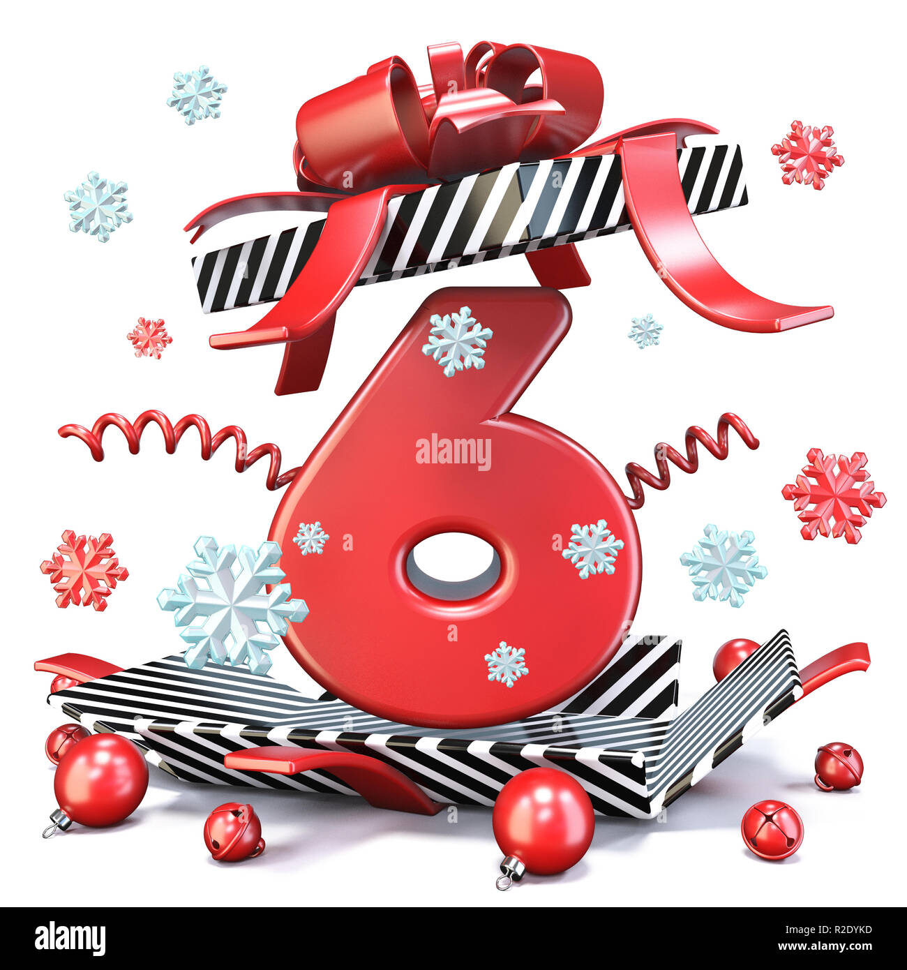 Red number SIX 6 inside open gift box 3D rendering illustration ...